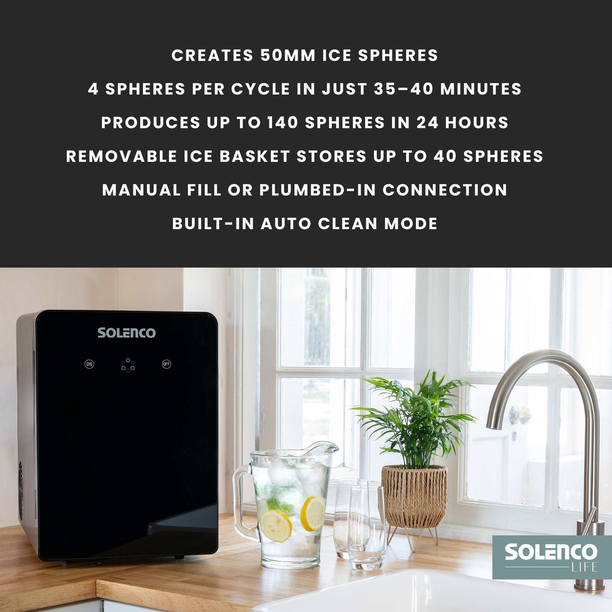 Solenco Life Sphere Ice Maker – 50mm Crystal-Clear Ice Spheres